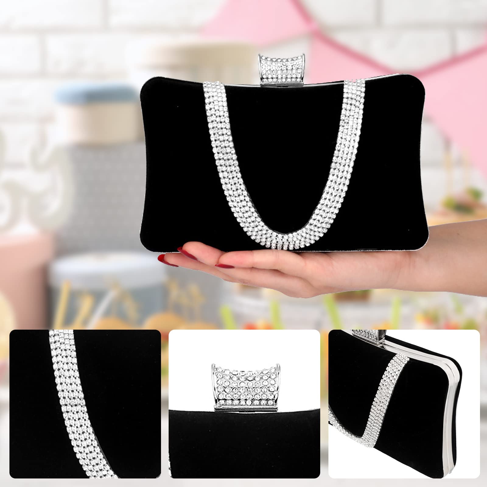 CORIOS Velvet Evening Bag for Women Rhinestone Clutch Bag Sparkly Handbag Bridal Wedding Purse Glitter Shoulder Bag Elegant Crossbody Bag for Wedding Banquet Cocktail Party Prom Black