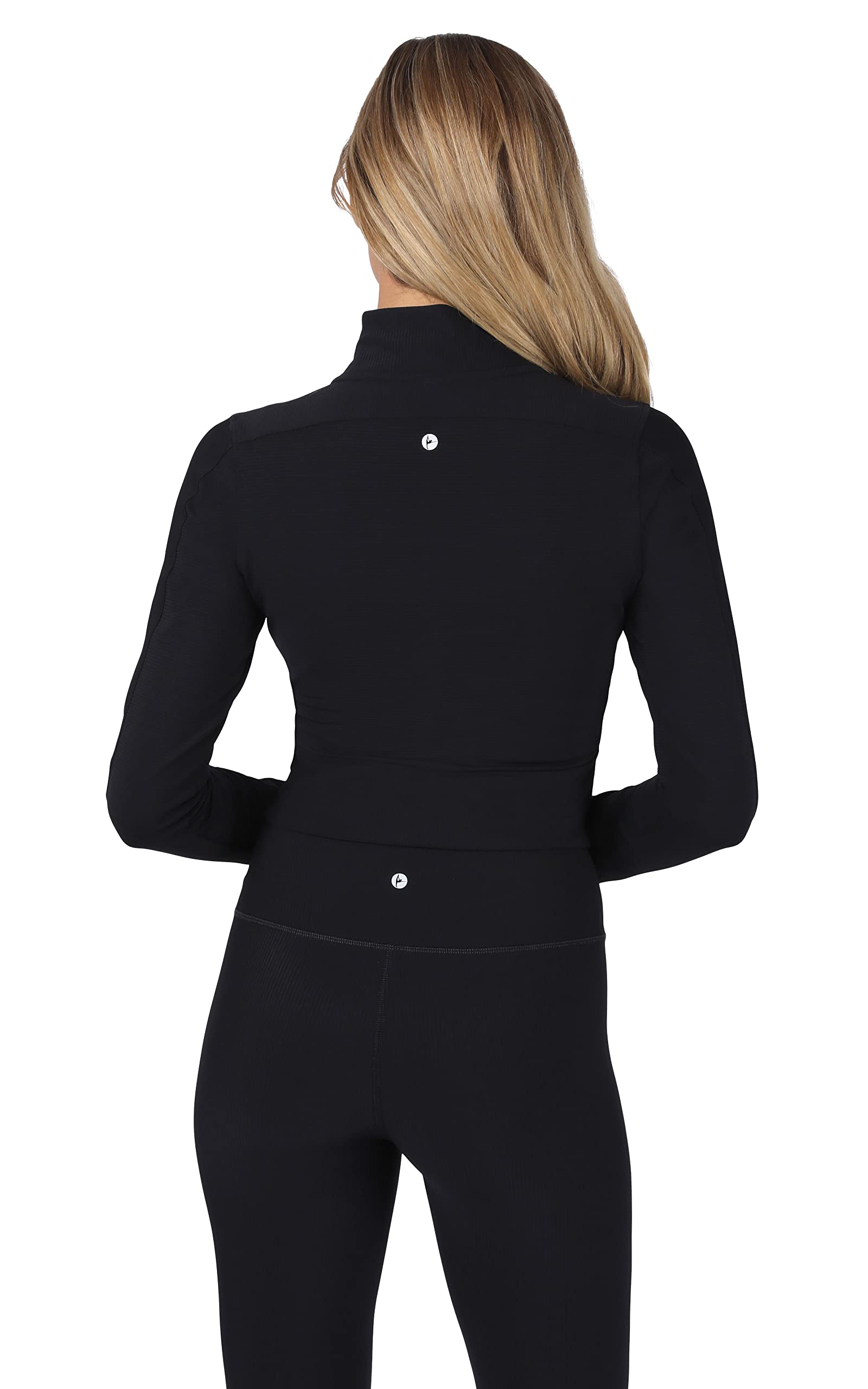 90 Degree By Reflex Womens Interlink Ribbed Half Zip Long Sleeve Crop Top Jacket - Black - Medium