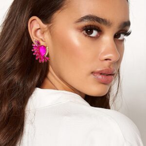 Vintage Hot Pink Rhinestone Statement Earrings Retro Fancy Crystal Cluster Drop Dangle Earrings for Women Prom