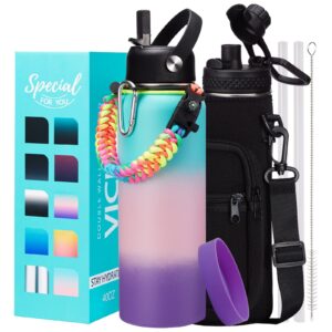 stainless steel water bottle 40oz - with straw & spout lids, paracord handle, shoulder carrier bag, vacuum insulated water jug, leak proof metal waterbottle for sports gym yoga workout travel hiking