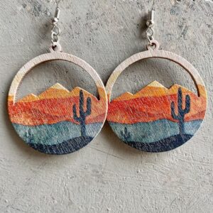 Handmade Boho Nature Wooden Mountain Dangle Drop Earrings Lightweight Wood Hollow Teardrop Hook Earring Tree Cactus Pattern Statement Earring Outdoor Enthusiast Jewelry Gifts(B)