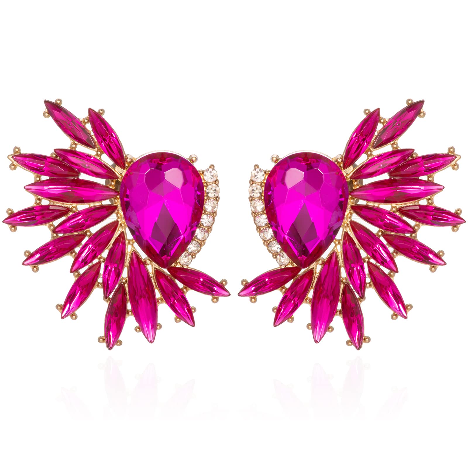 Vintage Hot Pink Rhinestone Statement Earrings Retro Fancy Crystal Cluster Drop Dangle Earrings for Women Prom