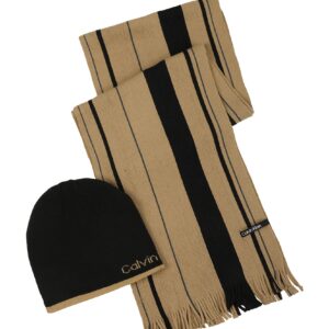 Calvin Klein Men's Reversible Beanie and Raschel Scarf Set, Timeless Camel, One Size