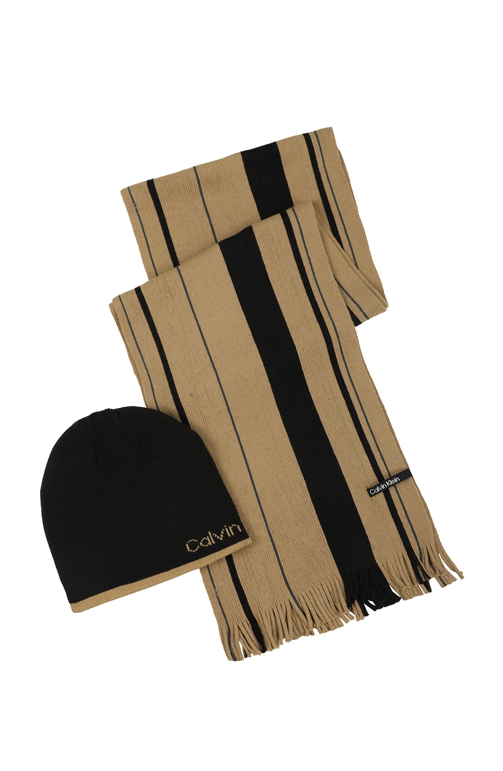 Calvin Klein Men's Reversible Beanie and Raschel Scarf Set, Timeless Camel, One Size