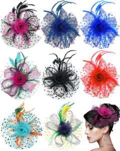 8 pieces fascinators hats tea party hats for women girls flower feathers mesh hat for cocktail party church wedding christmas (stylish color)