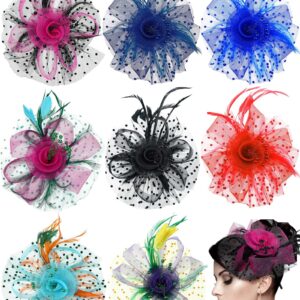 8 Pieces Fascinators Hats Tea Party Hats for Women Girls Flower Feathers Mesh Hat for Cocktail Party Church Wedding Christmas (Stylish Color)