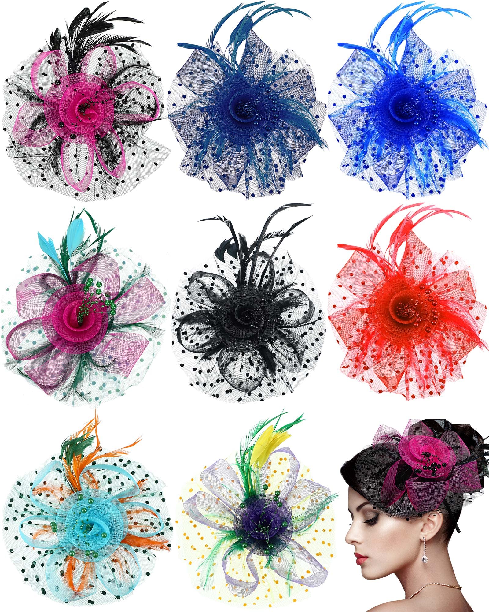 8 Pieces Fascinators Hats Tea Party Hats for Women Girls Flower Feathers Mesh Hat for Cocktail Party Church Wedding Christmas (Stylish Color)