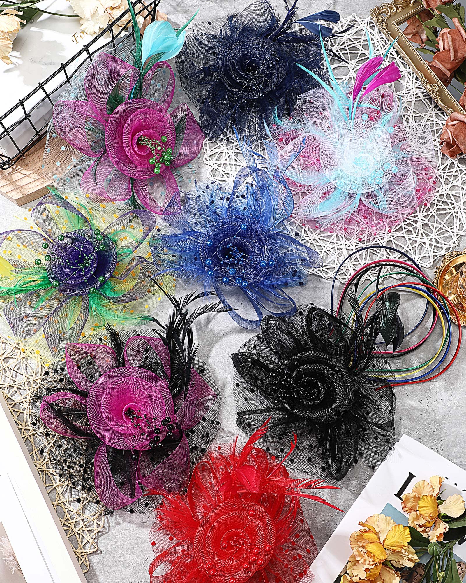 8 Pieces Fascinators Hats Tea Party Hats for Women Girls Flower Feathers Mesh Hat for Cocktail Party Church Wedding Christmas (Stylish Color)