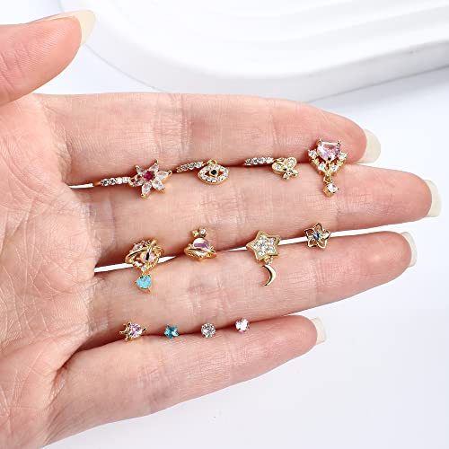 JOERICA 12 Pcs 20G Dangle Nose Rings for Women Nose Stud L Shaped Stainless Steel Nose Ring Hoops Butterfly Heart Moon Flower Evil Eye Crown CZ Dangling Nose Piercing Jewelry