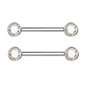 pierced owl 14ga implant grade titanium 5/8" internally threaded bezel set crystal nipple barbells, sold as a pair (aurora borealis)