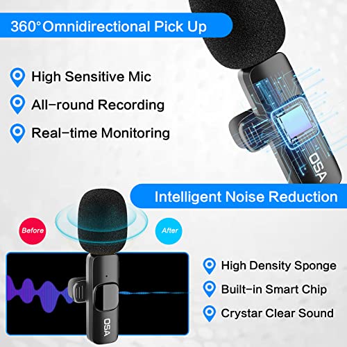 Wireless Lavalier Microphone, OSA Camera Microphone for iPhone, Android Phone, Camera, Clip-on Plug & Play Auto-sync and Noise Reduction for Video Recording, Interview