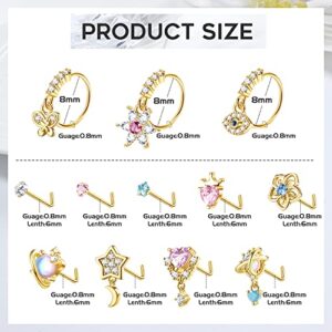 JOERICA 12 Pcs 20G Dangle Nose Rings for Women Nose Stud L Shaped Stainless Steel Nose Ring Hoops Butterfly Heart Moon Flower Evil Eye Crown CZ Dangling Nose Piercing Jewelry