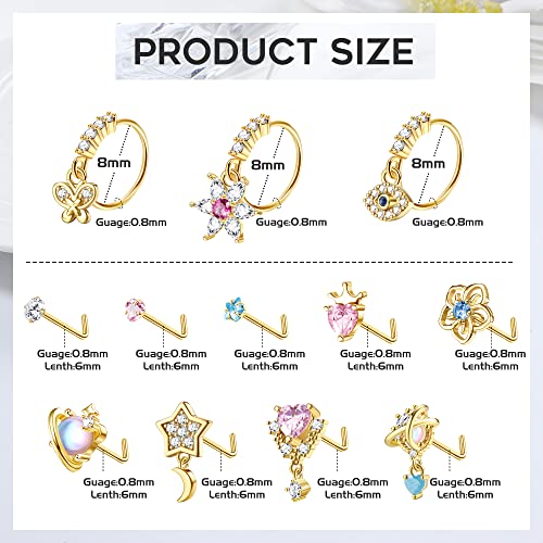 JOERICA 12 Pcs 20G Dangle Nose Rings for Women Nose Stud L Shaped Stainless Steel Nose Ring Hoops Butterfly Heart Moon Flower Evil Eye Crown CZ Dangling Nose Piercing Jewelry