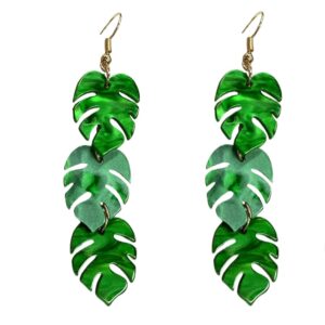 green palm leaf dangle earrings for women girls lightweight resin tropical green plant statement drop fish hook stud earring fashion cute festival st.patrick's day jewelry gifts nature lover (leaves)