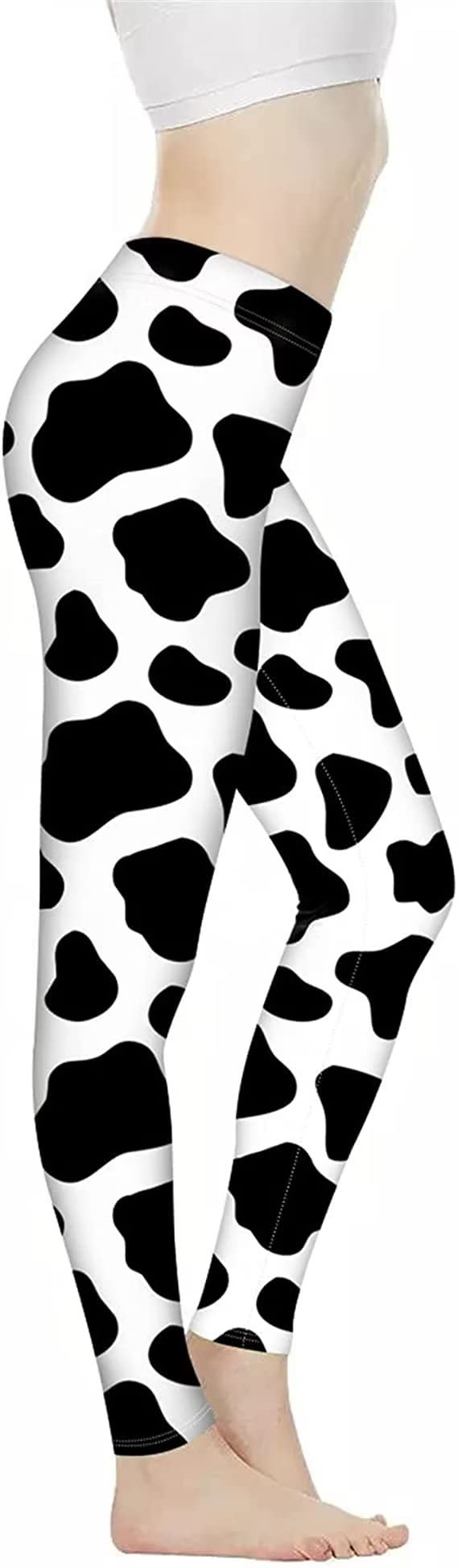 Cow Print High Waist Yoga Pants Black and White Texture Cow Pattern Cowhide Pattern Sports Gym Running Leggings Cute Farm Animal Skin Print Workout Pants Full Length Tummy Control for Women Girls(L)