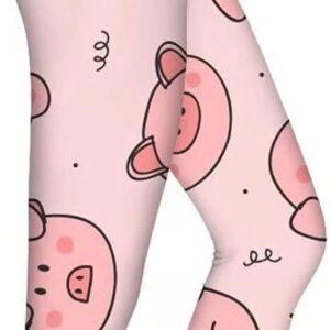 Funny Cartoon Pink Pig High Waist Yoga Pants Cute Pig Face Seamless Pattern Sports Gym Running Leggings Animal Print Pink Background Workout Pants Full Length Tummy Control for Women Teen Girls (XL)