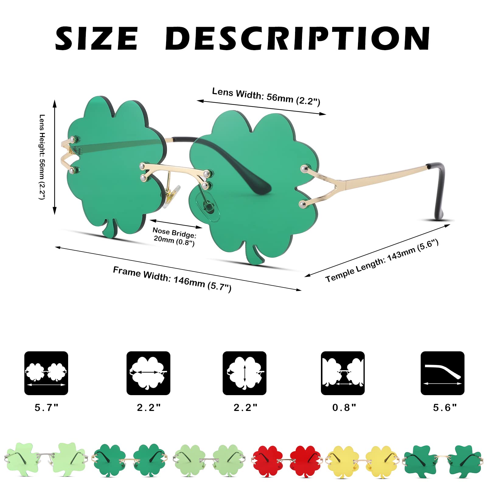 Melpomenia St. Patrick’s Day Green Sunglasses Irish Shamrock Four Leaf Clover Green Lens Shades Costume Party Glasses(Four Leaf Green)