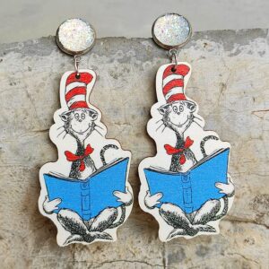 Unique Wooden Acrylic Teacher Student Earrings Cute Cat Mouse Asymmetric Funny Earrings Lightweight Charm Jewelry Back to School Gift for Student-book