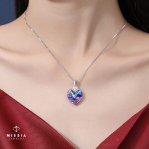 Missia Heart Shape Violet Crystal Necklace Sterling Silver Pendant Gift For Her Woman Wife Girlfriend Daughter Present For Birthday Valentine Wedding Anniversary