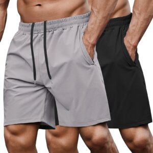 coofandy mens athletic shorts 2 pack quick dry workout running shorts training jogger with zipper pocket grey/black, l