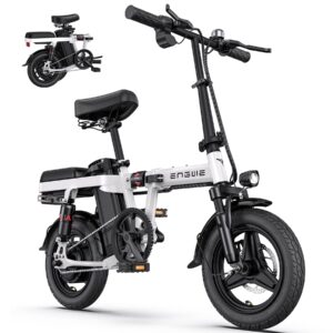 engwe t14 mini electric bike for adults teens, 14" city commuter folding ebike, 600w motor 48v 10ah battery range 37mile 20mph electric bicycles shock absorptions ebikes (standard, white)