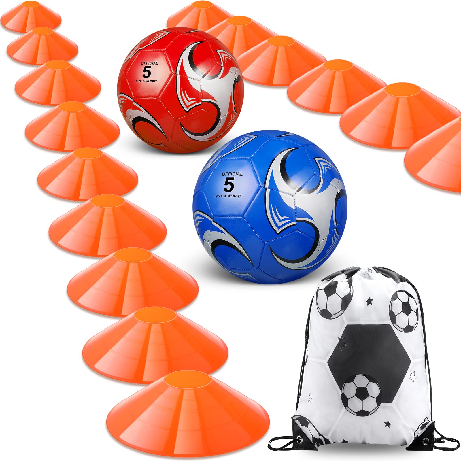 Soccer Training Equipment Kit Include 2 Soccer Balls 20 Soccer Cones and Drawstring Backpack Portable Training Aid Supplies Outdoor Agility Training Equipment for Youth Boys Girls(Novelty,Size 5)