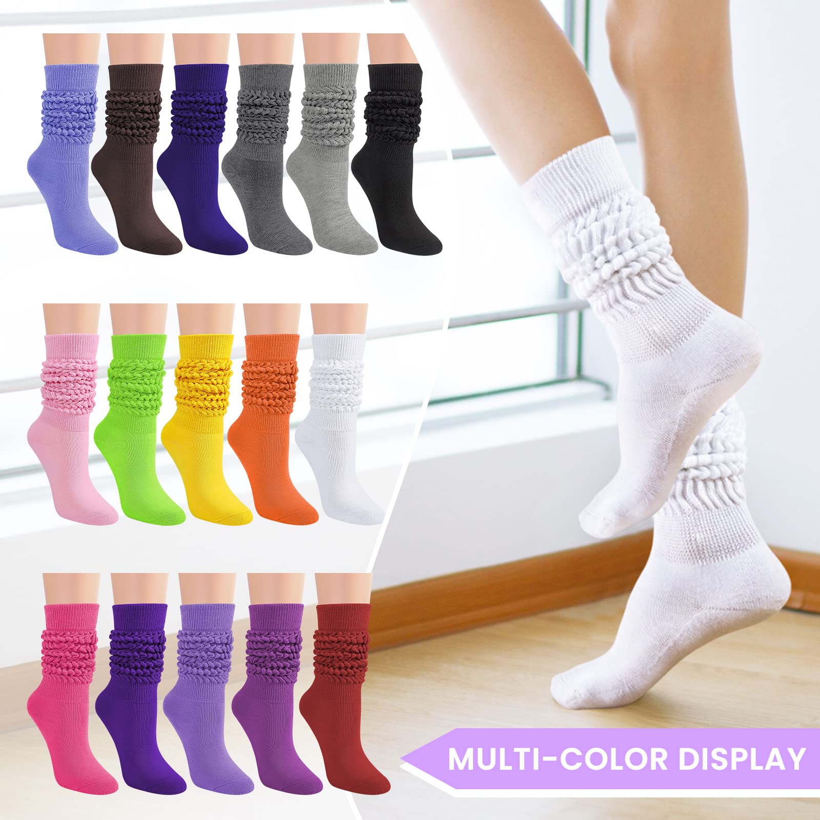 Auranso Slouch Socks Women 3 Pairs Scrunch Knit Knee High Boot Socks Size 6-11 White