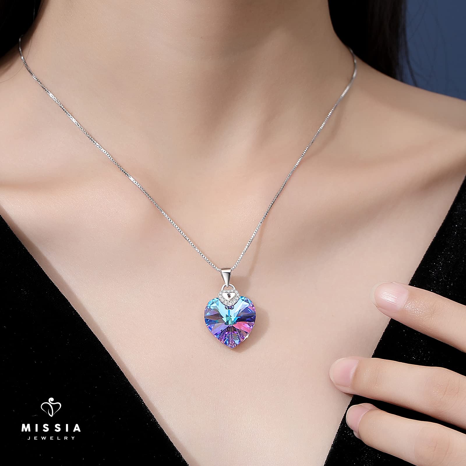 Missia Heart Shape Violet Crystal Necklace Sterling Silver Pendant Gift For Her Woman Wife Girlfriend Daughter Present For Birthday Valentine Wedding Anniversary