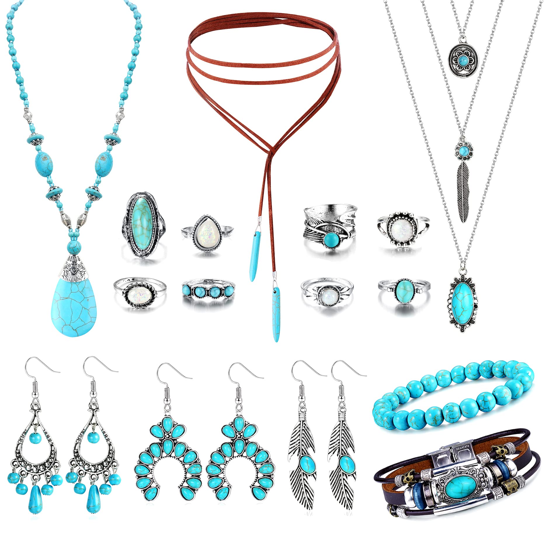 Sanfenly Bohemian Turquoise Jewelry Set for Women Pendant Necklaces Bracelets Earrings Rings, Metal, Cubic Zirconia