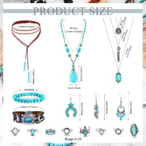 Sanfenly Bohemian Turquoise Jewelry Set for Women Pendant Necklaces Bracelets Earrings Rings, Metal, Cubic Zirconia