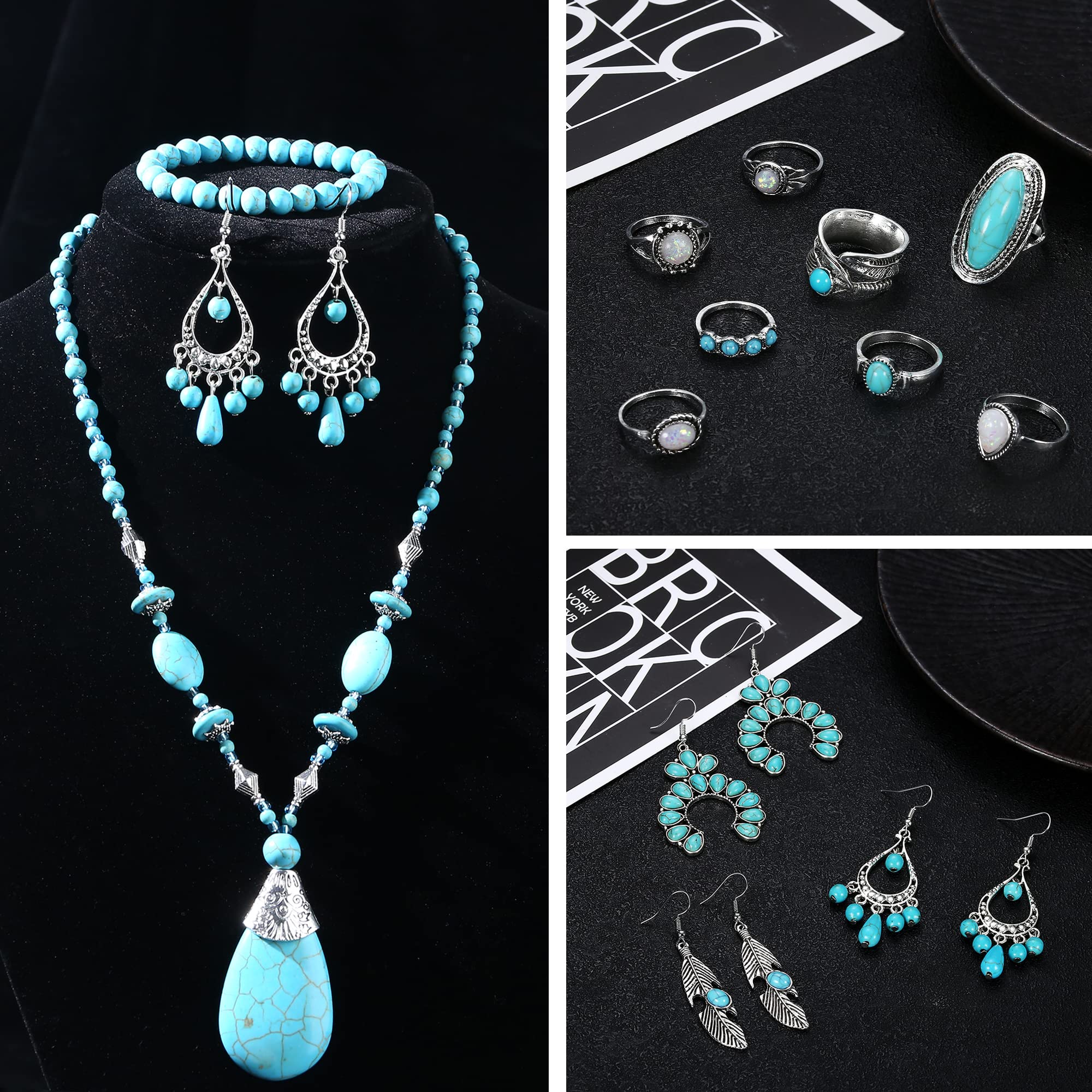 Sanfenly Bohemian Turquoise Jewelry Set for Women Pendant Necklaces Bracelets Earrings Rings, Metal, Cubic Zirconia