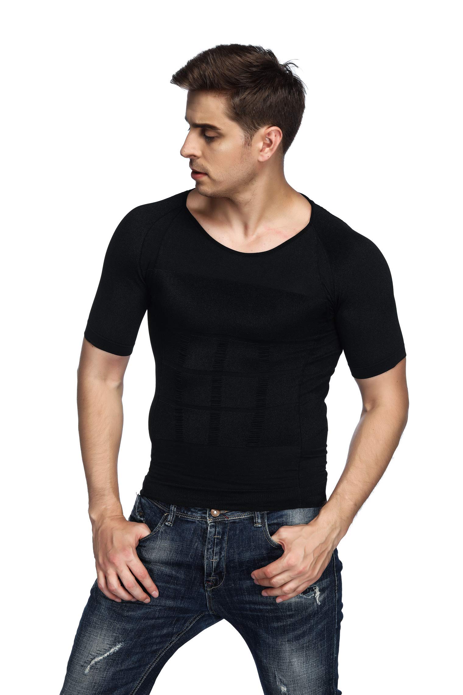 Odoland Men's Body Shaper Slimming Shirt Tummy Vest Thermal Compression Base Layer Slim Muscle Short Sleeve Shapewear, Black XXL