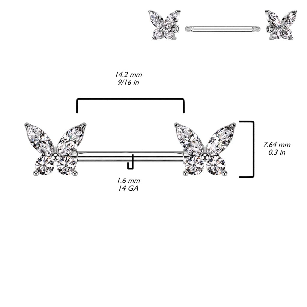 14GA 316L Stainless Steel CZ Crystal Butterfly Ends Nipple Barbells, Sold as a Pair (Gold Tone)