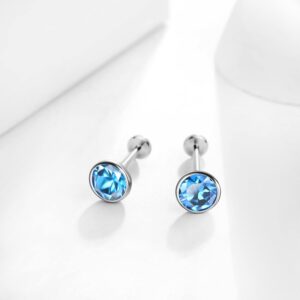 VOJO Flat Back Stud Earrings 20G G23 Titanium CZ Hypoallergenic Threadless Cartilage Piercing Jewelry for Women (20G 6mm, Blue CZ)