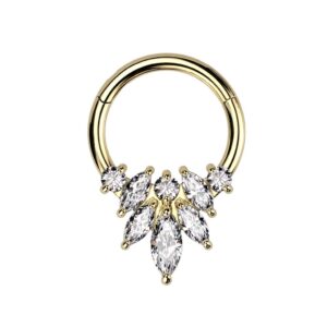 pierced owl 16ga 316l stainless steel marquise cz crystal flower center hinged segment ring (gold tone)