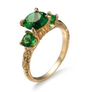 hsitgexf green simulated emerald 18k yellow gold plated silver women ring ,fashion round-cut cubic zirconia three-stone engagement ring (us size 10)