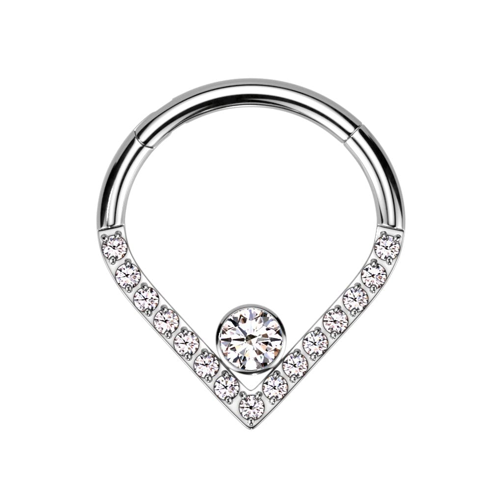 Pierced Owl 16GA F136 Implant Grade Titanium CZ Crystal Center and CZ Crystal Lined Chevron Shaped Hinged Segment Ring (10mm (3/8") Diameter)