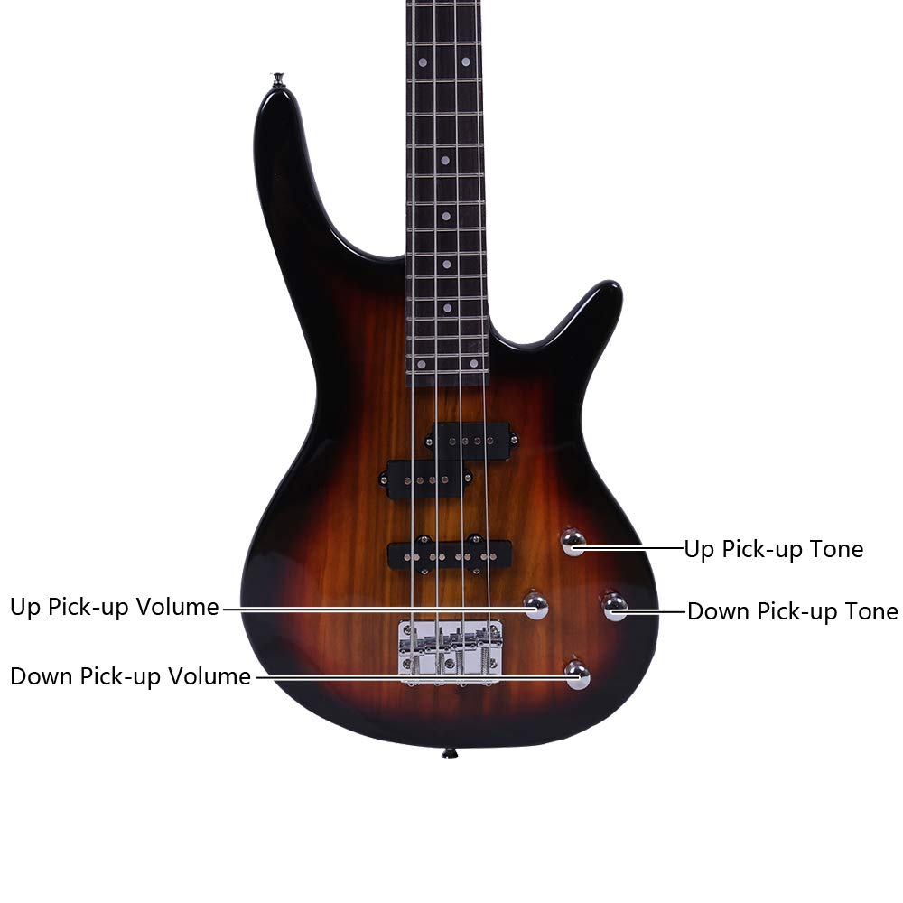 Vasitelan Electric Bass Guitar Full Size 4 String Exquisite Stylish Bass with Power Line and Wrench Tool (Sunset Color)