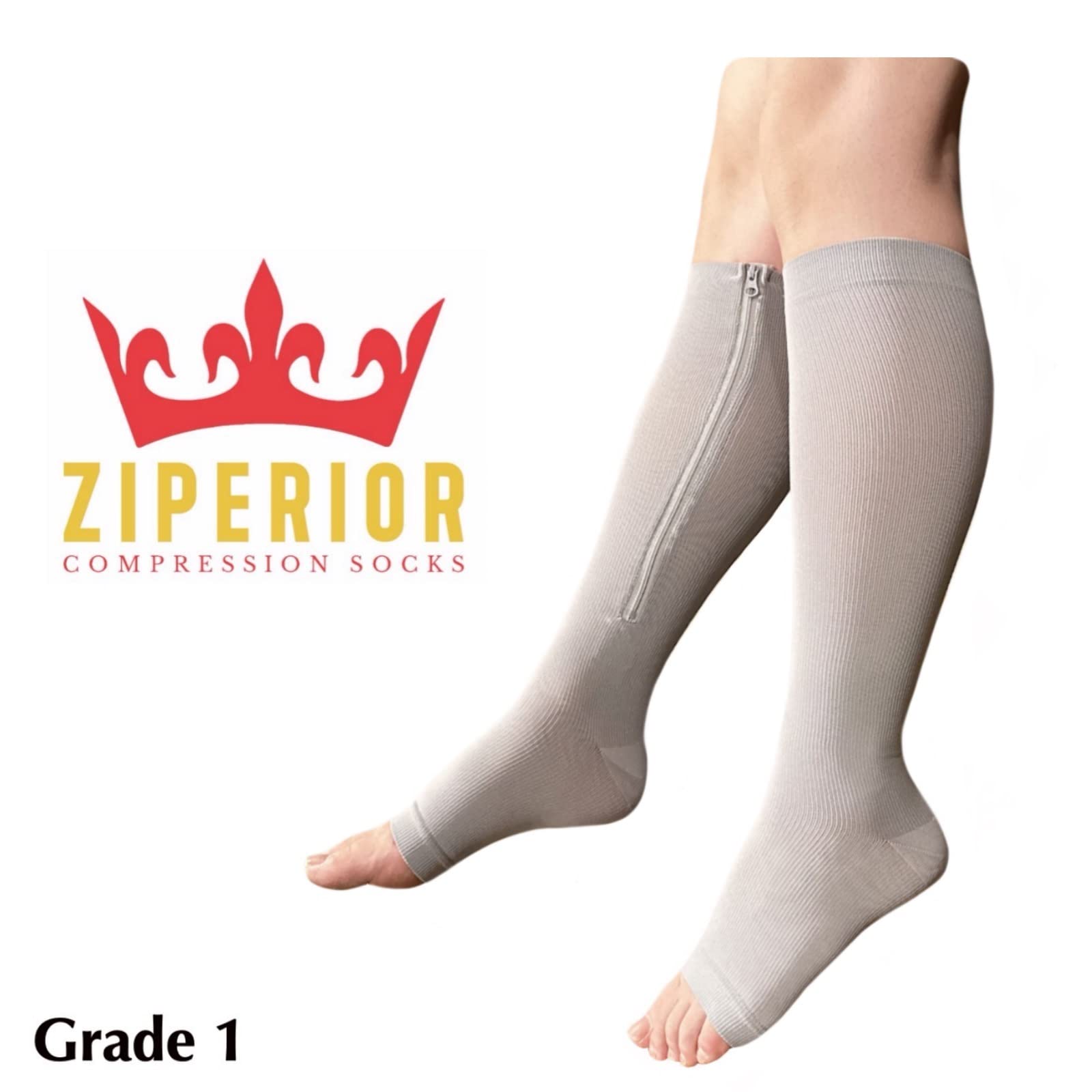 Ziperior Open Toe 15-20 mmHg Compression White Navy Gray Inside Leg Zipper Socks (Gray, Small-Medium)