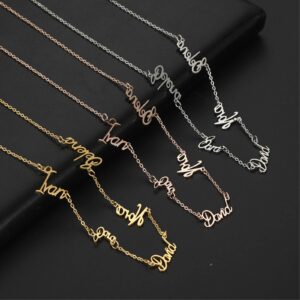 MRENITE 10k 14k 18k Solid Gold/Rose Gold/White Gold Names Necklace – Dainty Personalized Nameplate Jewelry - Custom 3 Names Gift for Family Members (Small Names)