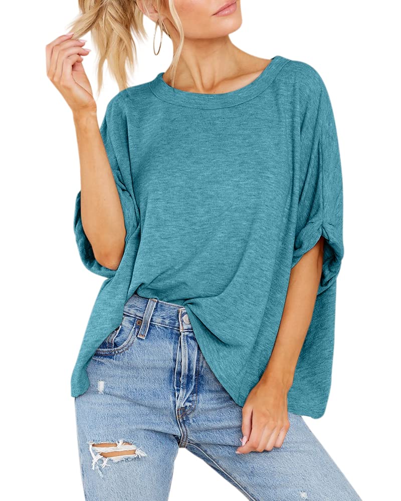 Women Oversized T-Shirt Summer Casual Short Sleeve Loose Tee Tops Lake Blue