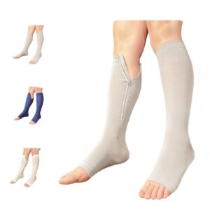 ziperior open toe 15-20 mmhg compression white navy gray inside leg zipper socks (gray, small-medium)