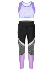 tiaobug kids girls 2 pieces sport sets printed crop vest tops and leggings tracksuit for yoga dance lavender 6 years