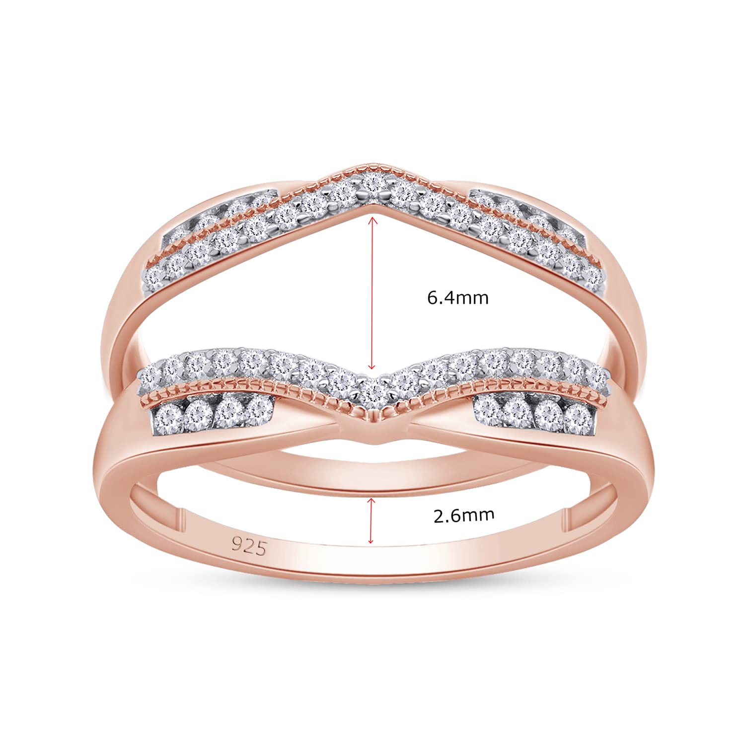 SAVEARTH DIAMONDS 1/3 ct t.w Round Cut Lab Created Moissanite Diamond Wedding Band Enhancer Guard Double Chevron Ring In 14K Rose Gold Over Sterling Silver (D Color,VVS1 Clarity 0.33 Cttw)-7