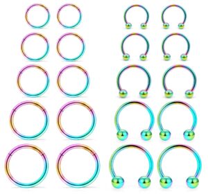 hoeudjo 16g stainless steel hinged clicker segment septum rings horseshoe earring nose lip ring hoop cartilage tragus daith helix sleeper earrings body piercing jewelry rainbow 8mm 10mm 12mm