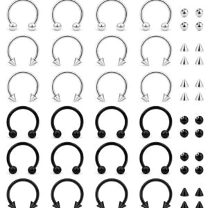 Hoeudjo 32Pcs Horseshoe Rings Surgical Steel Nose Septum Rings Horseshoe Hoop Lip Rings Smily Piercing Jewelry Eyebrow Tragus Daith Earring Helix Piercing Jewelry for Women Men 8mm 5/16inch