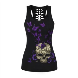 womens hollow out skull print workout yoga tank tops halloween shirt (butterfly skull 002,xl)