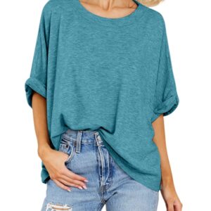 Women Oversized T-Shirt Summer Casual Short Sleeve Loose Tee Tops Lake Blue