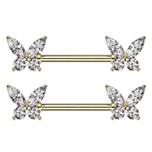 14ga 316l stainless steel cz crystal butterfly ends nipple barbells, sold as a pair (gold tone)