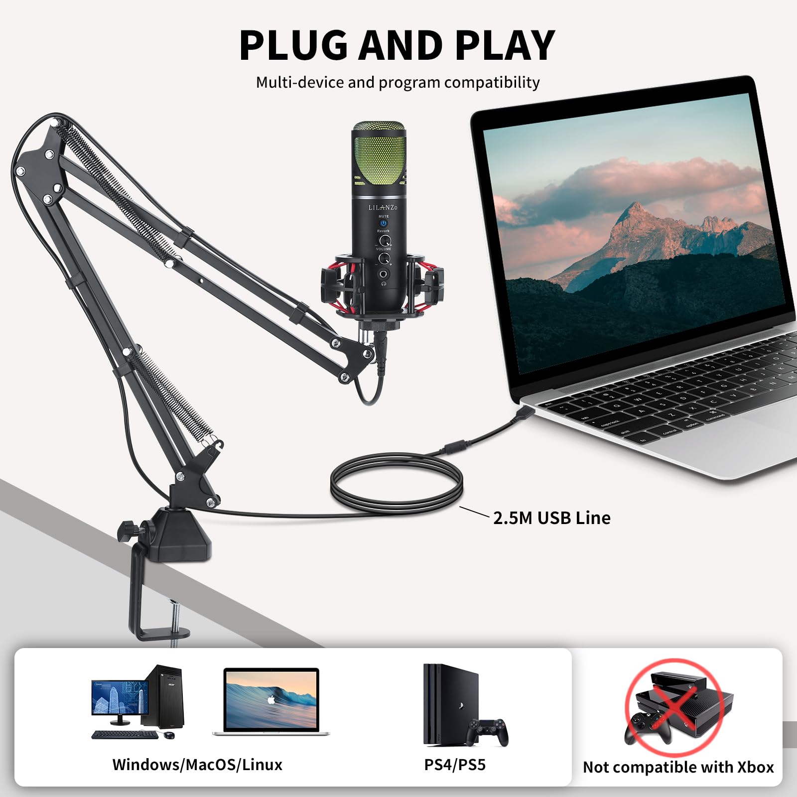 Gaming USB Microphone for PC, Noise Cancellation Condenser Mic with Boom Arm, Mute, Gain, Echo, Monitoring, Sound Optimization, Podcast Mic for Streaming, PS4/5, Twitch, YouTube, TikTOK (Black)